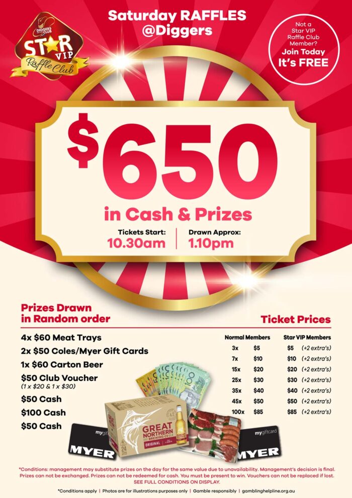 Weekly Saturday Raffles - Diggers Services Club